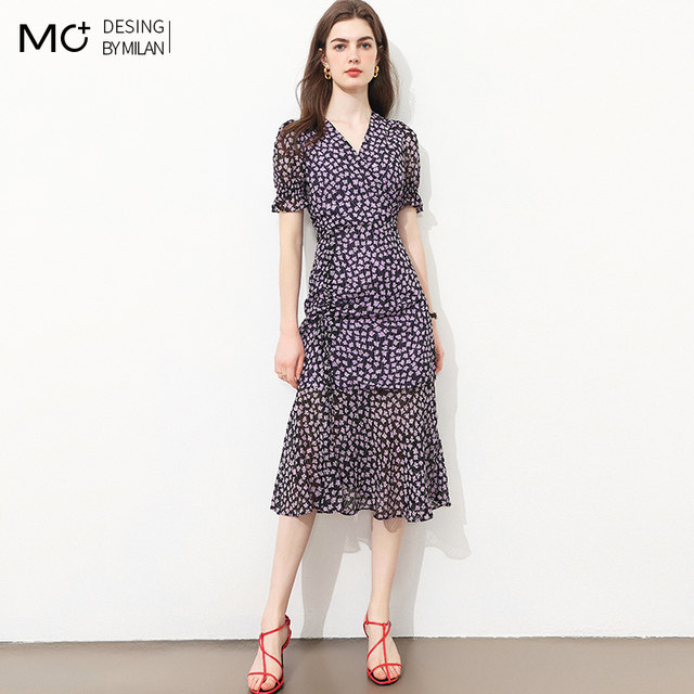 2024 new summer style V-neck short-sleeved draped cake skirt with temperament floral chiffon ...