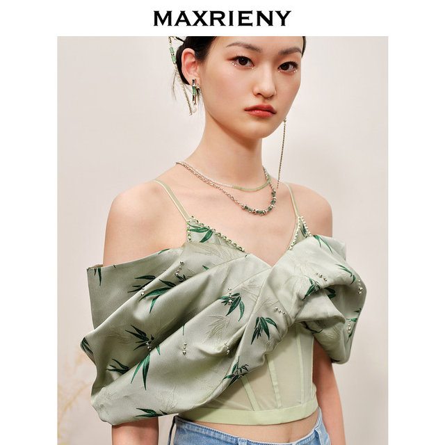 MAXRIENY new Chinese style bamboo leaf jacquard suspender top chiffon ...