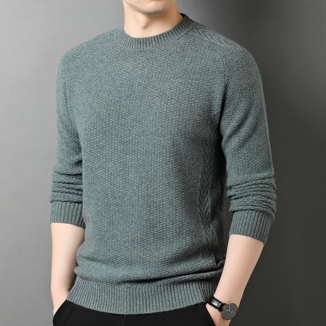 100% pure wool sweater autumn and winter men's round neck solid color ...