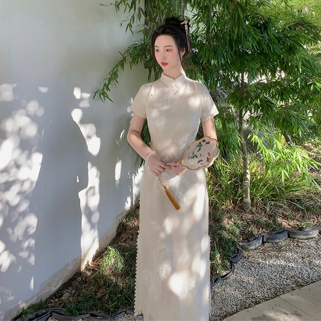 Lujin homemade New Chinese Style Retro Simple Elegant Cheongsam Dress for Women in Summer Top Dress