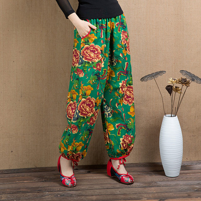 Chinese-style old Beijing Tang suit large size loose women's trousers ...