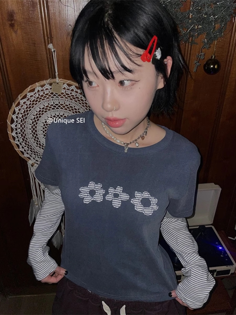 Unique Sei Street-Style Retro Three-Flower Patchwork Color-Block ...