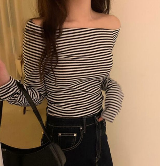 Unique SEI autumn and winter classic Korean striped one-shoulder pure ...