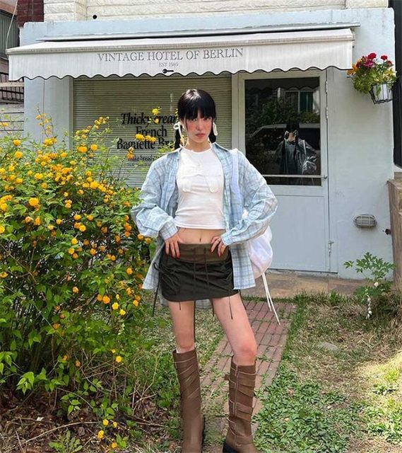 Unique SEI Korean style street college checked cream blue loose summer ...