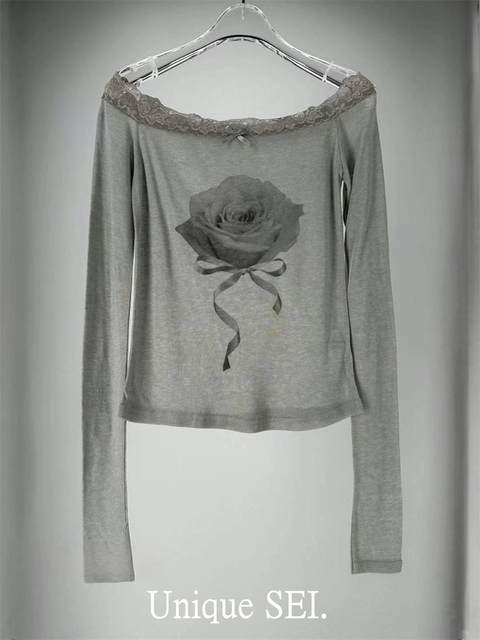 Unique SEI Street Retro Dark Rose Flower Lace Soft Off-Shoulder Pure ...