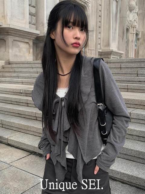 Unique SEI retro Korean style personalized gray ruffle lace-up ...