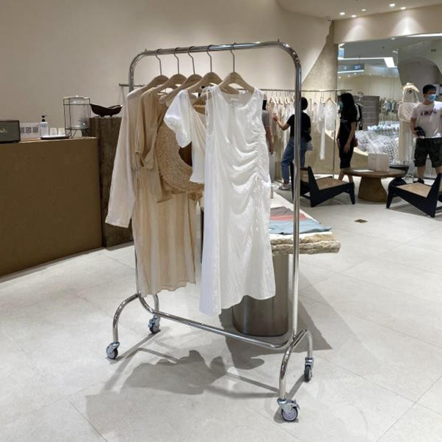 Clothing store stainless steel clothes rail with wheels silver island ...