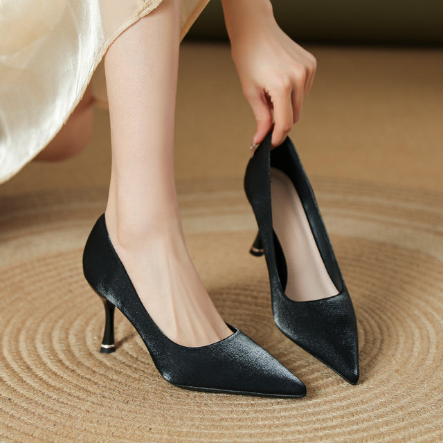 Black high heels for women's slim heels 2025 new rhinestone pointed ...