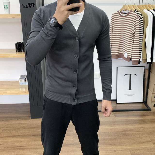 Spring and autumn thin knitted men's cardigan jacket trendy handsome solid color all-match ...