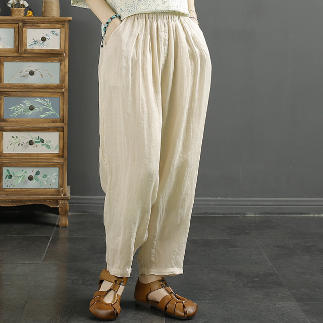 Qianqiu Feiyan Literary Versatile Solid Color Ramie Casual Pants Women ...