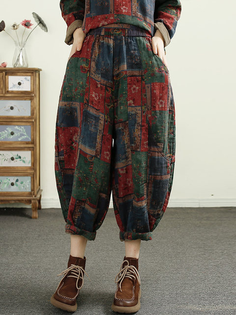 Qianqiu Feiyan Retro Artsy Plaid Color-Block Cotton-Linen Eight-Point ...