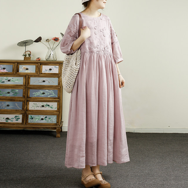 Qianqiu Feiyan Literary Retro Ramie Embroidery Crochet Dress Women's ...