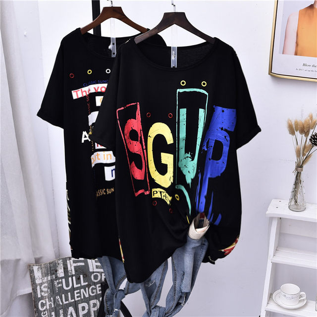 2024 new Korean mid -length loose short -sleeved T -shirt women's net ...