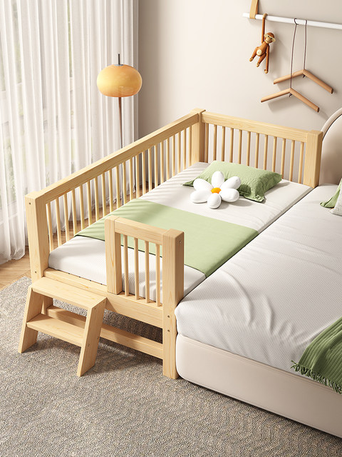 Solid wood children's crib with guardrail splicing large bed widened ...