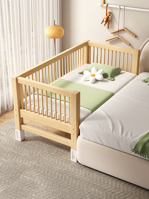 Solid wood children's crib with guardrail splicing large bed widened ...