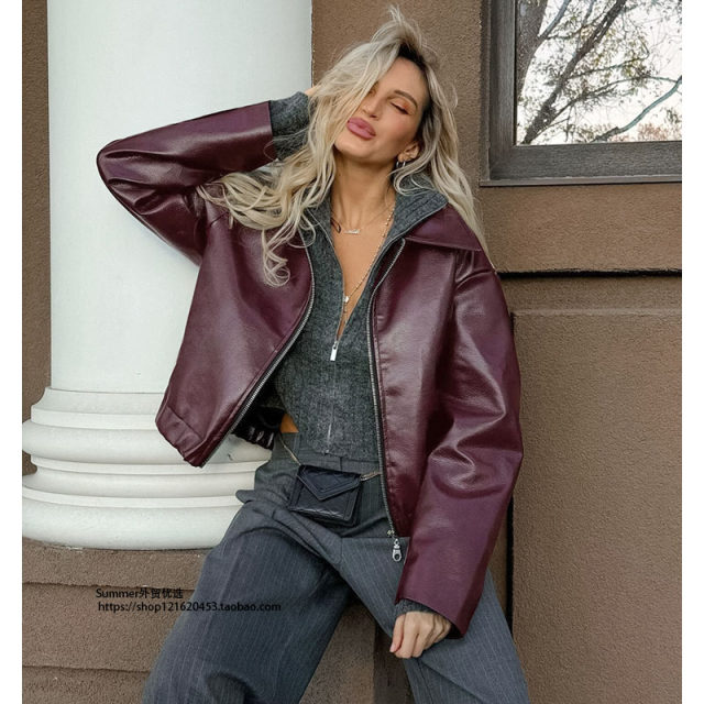 Motorcycle style leather jacket 2024 European and American wine red ...