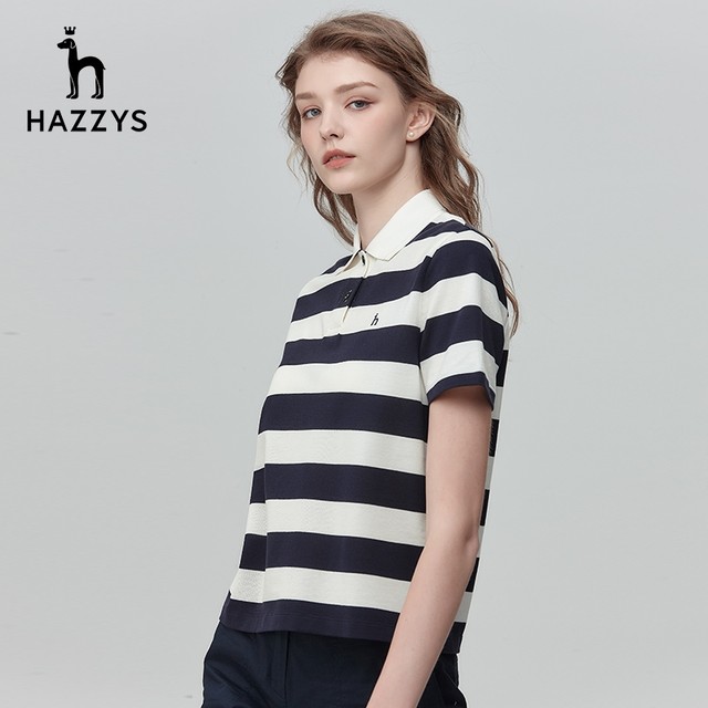 Hazzys official summer women's casual striped Polo shirt fashionable Korean style loose short ...