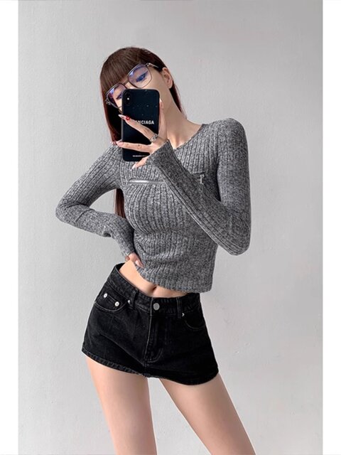 Sexy scheming hollow zipper exposes pink knitted base shirt for women ...