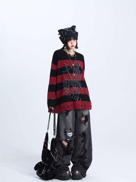 11shop97 knitted lazy wind sweater female autumn and winter stripes broken hole American street ...