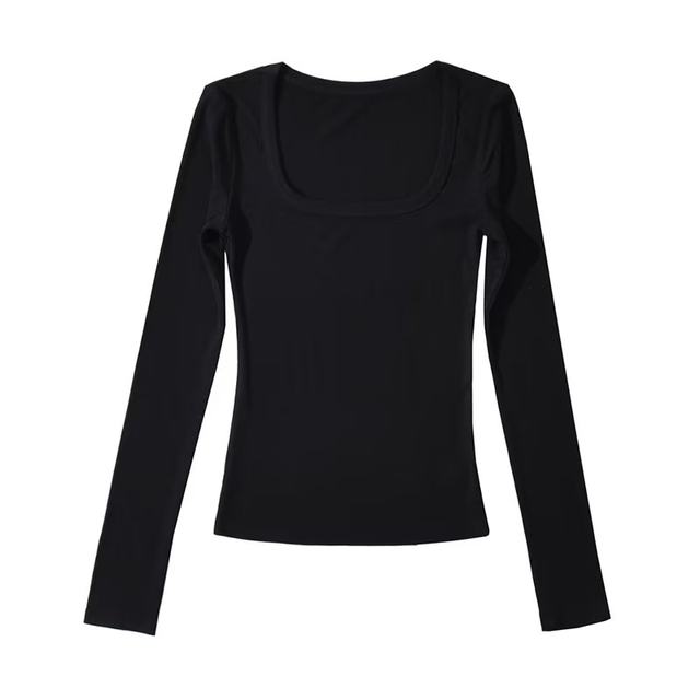 Low-cut U-neck exposed navel elastic inner wear hot girl long-sleeved T ...