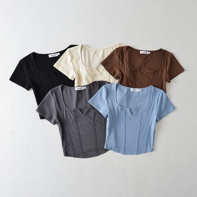 American retro low-cut small V-neck short-sleeved slim T-shirt summer ...