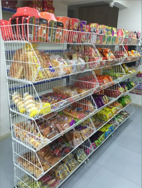 Supermarket shelf convenience store snacks food and beverage display ...