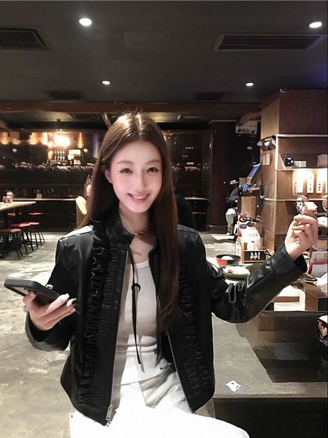 Black leather jacket for women cool style high-end small retro jacket ...