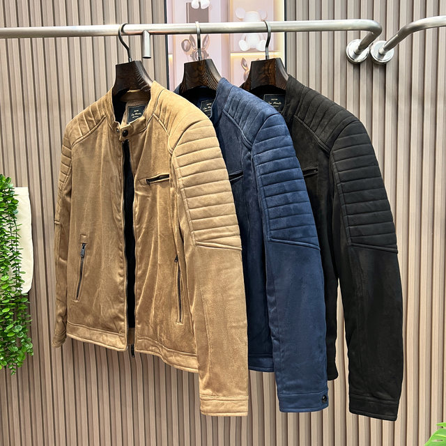 Suede motorcycle jacket men's autumn and winter velvet thickened casual ...