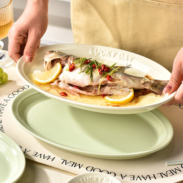 Fish plate for household use 2025 new ceramic cream style oval light ...