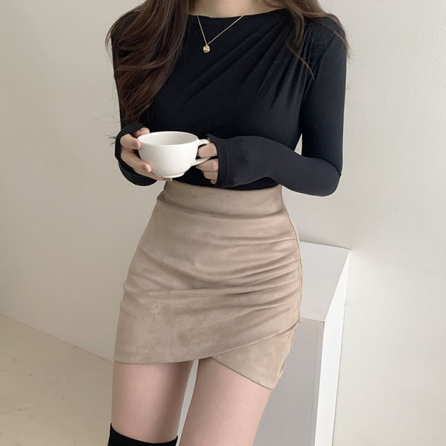 Deerskin pleated skirt women's winter new solid color high waist hip ...