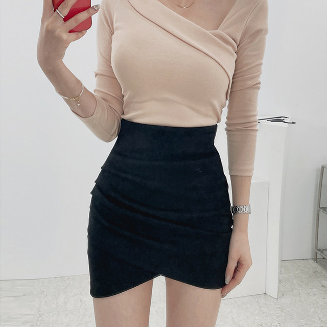 Deerskin pleated skirt women's winter new solid color high waist hip ...