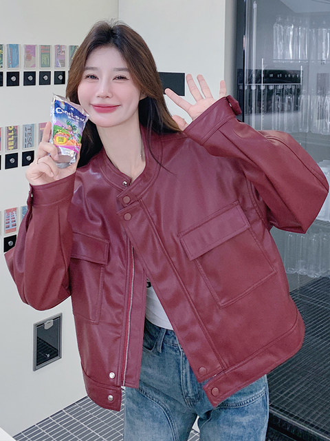 Angora red retro casual leather jacket for women 2024 autumn new small ...