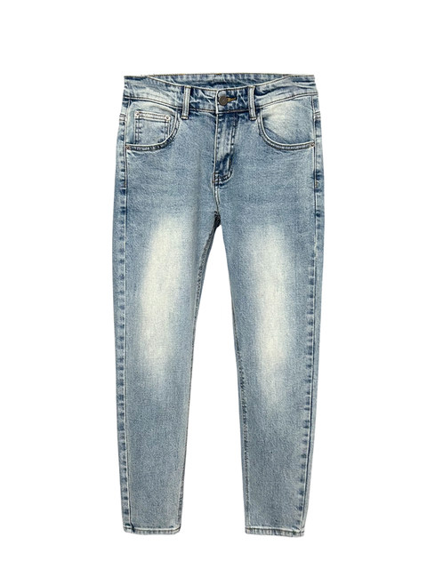 Stretch old light blue slim nine-point jeans for men Korean version ...