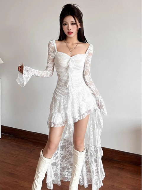 240 lady temperament lace splicing design large size dress sexy irregular long-sleeved skirt 300 ...