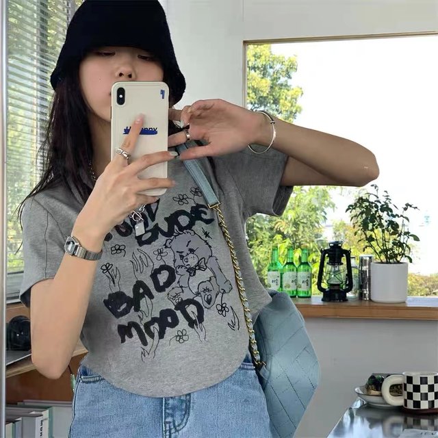 Irregular cartoon printed extra large t-shirt short-sleeved female fat ...