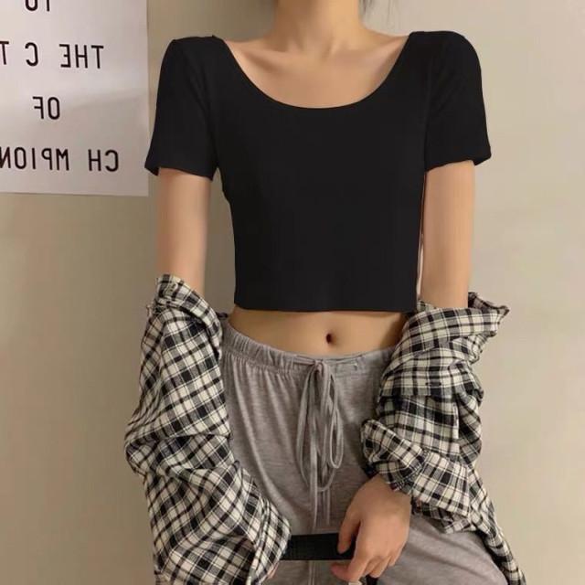 Summer American short-sleeved pure cotton navel-baring short backless T ...