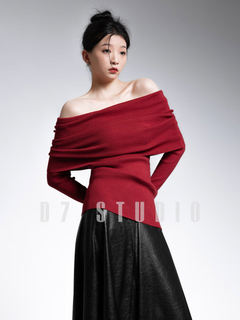 French one-shoulder pile-collar sweater for women with off-shoulder ...