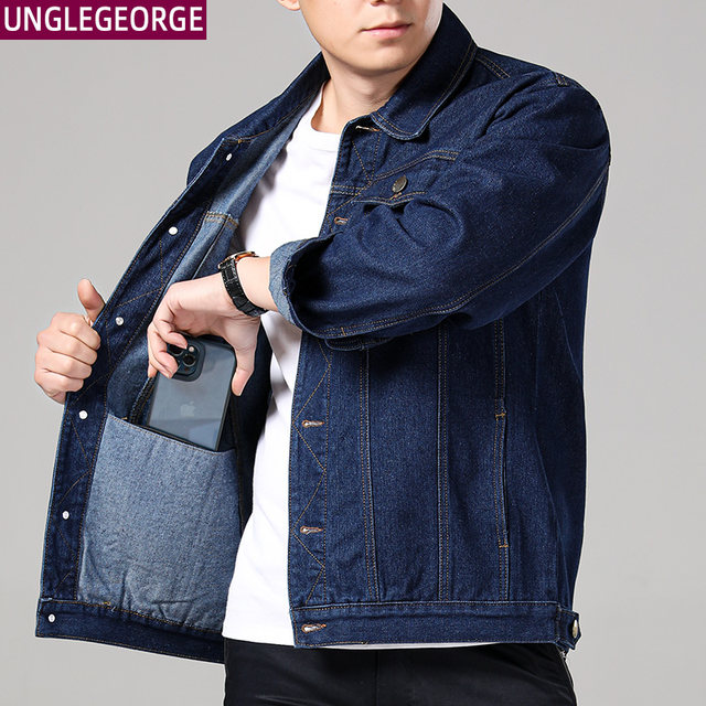 Middle-aged men's loose large size denim jacket multi-pocket workwear ...