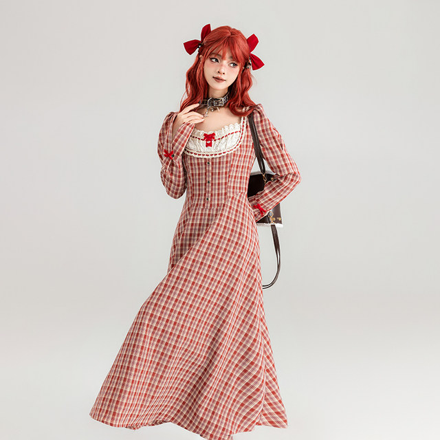 KEIKO French retro red plaid fishbone dress spring and autumn ...