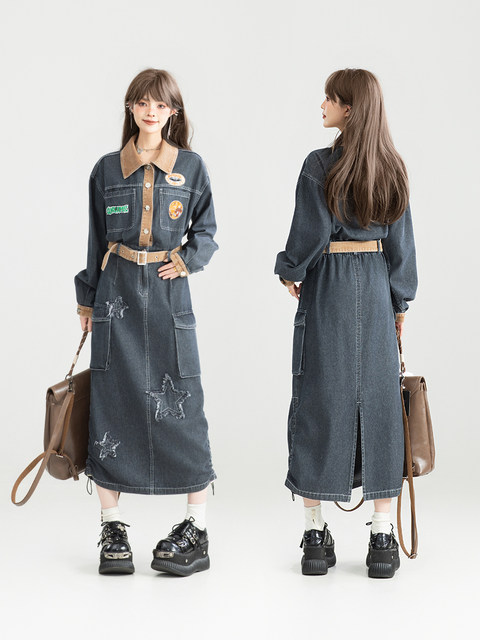 KEIKO [Embroidery Mark] Retro style thin denim dress with workwear 25 ...