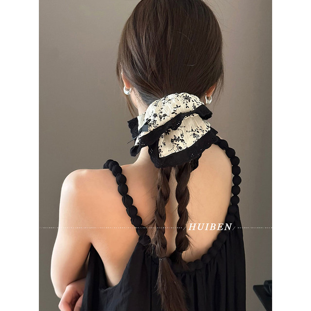 New Chinese style ink lace square scarf large intestine hair ring for ...