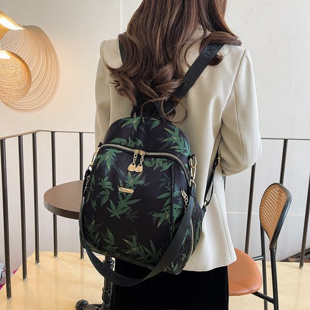 National trend literary bamboo leaf backpack women's nylon cloth ...