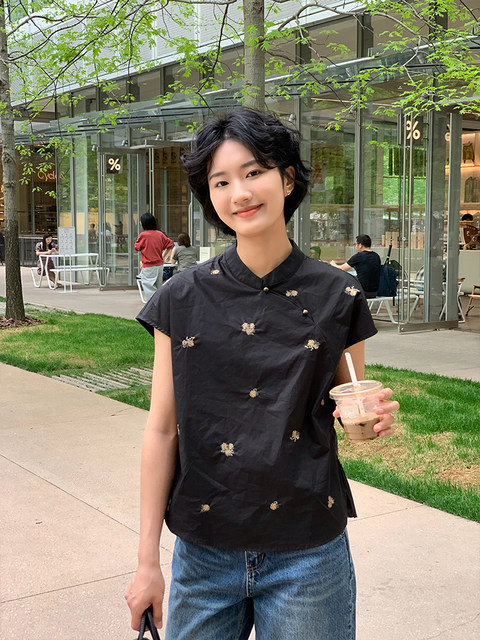 Zhou Xiaohei Black New Chinese Style Light National Style Embroidered T-Shirt 2025 Spring New ...