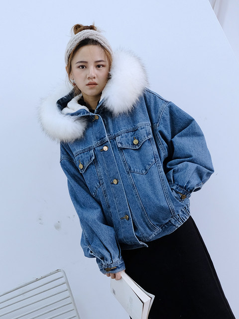 Wool collar winter lamb fur hooded large fur collar denim jacket for ...