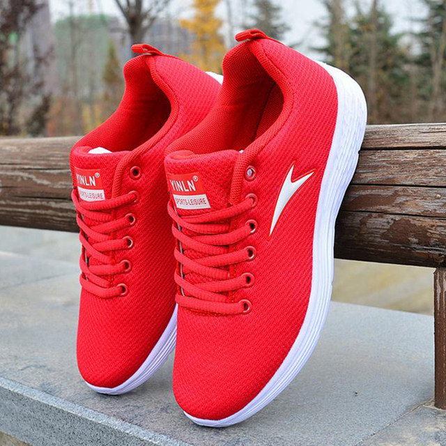 Autumn breathable red sports shoes men's and women's net shoes running ...