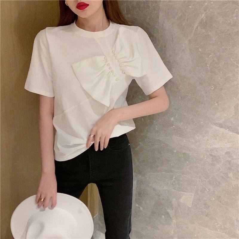 2024 Summer New Chic Hong Kong flavored foreign qi bow white top design ...