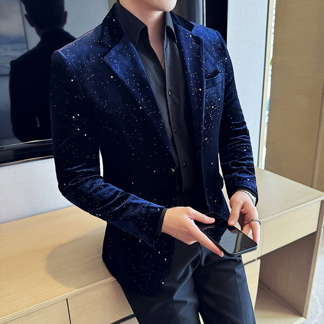 Autumn men's gold velvet glitter suit jacket velvet Korean style slim suit bronzing fashion ...