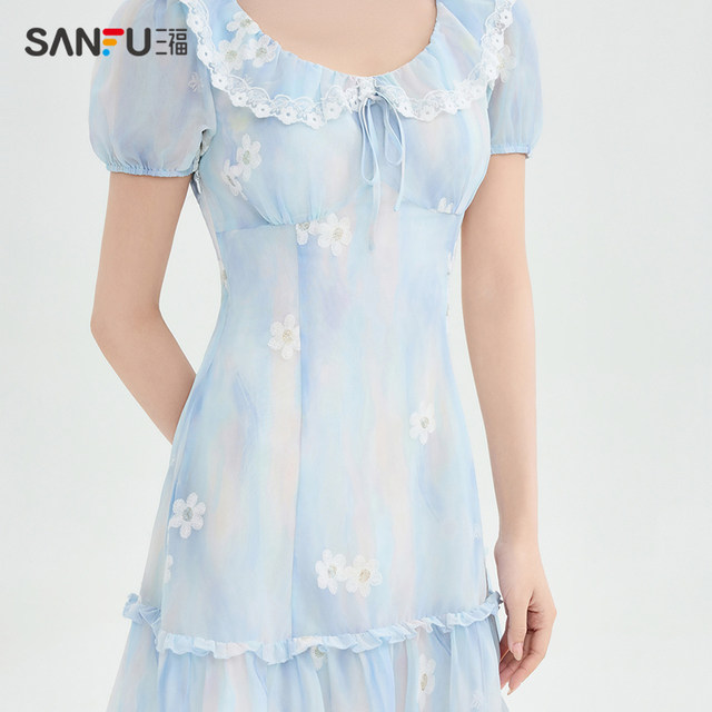 Sanfu Lian dress 2024 Summer blooming embroidery flower ruffled round ...