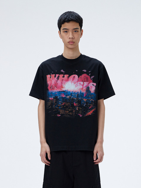 WHOOSIS (not known) Night Print Washed Short Sleeve T-shirt Summer ...