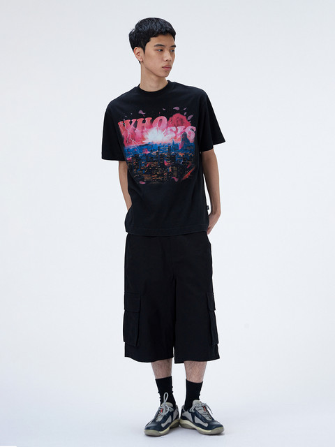 WHOOSIS (not known) Night Print Washed Short Sleeve T-shirt Summer ...